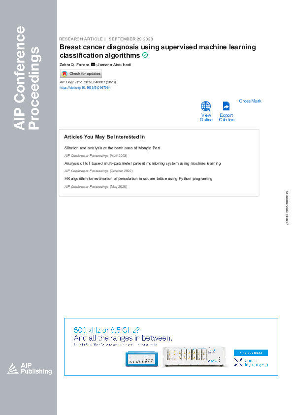 Pdf Breast Cancer Diagnosis Using Supervised Machine Learning Classification Algorithms