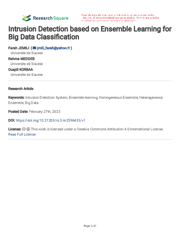 Pdf Intrusion Detection Based On Ensemble Learning For Big Data Classification