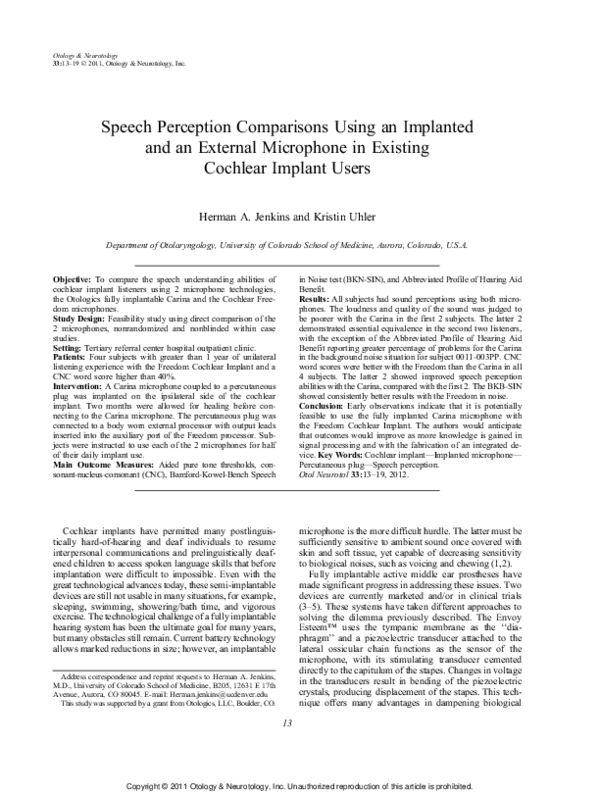 Pdf Speech Perception Comparisons Using An Implanted And An External Microphone In Existing
