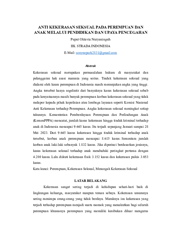 (DOC) ANTI KEKERASAN SEKSUAL PADA PEREMPUAN DAN ANAK MELALUI PENDIDIKAN DAN UPAYA PENCEGAHAN