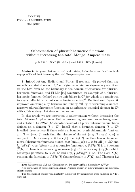 (PDF) Subextension of plurisubharmonic functions without increasing the total Monge–Ampère mass