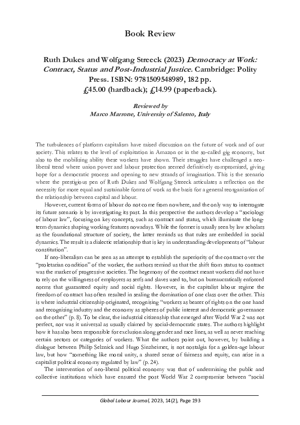 (PDF) Review of: Ruth Dukes and Wolfgang Streeck (2023) Democracy at ...