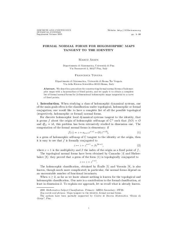 (PDF) Formal normal forms for holomorphic maps tangent to the identity