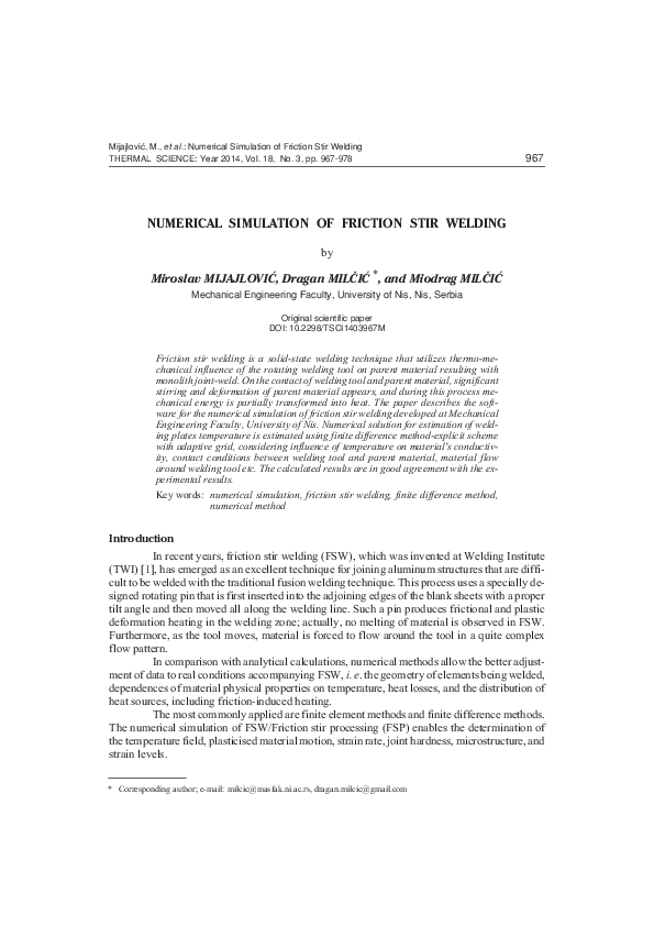 (PDF) Numerical simulation of friction stir welding (PDF) Numerical simulation of friction stir welding