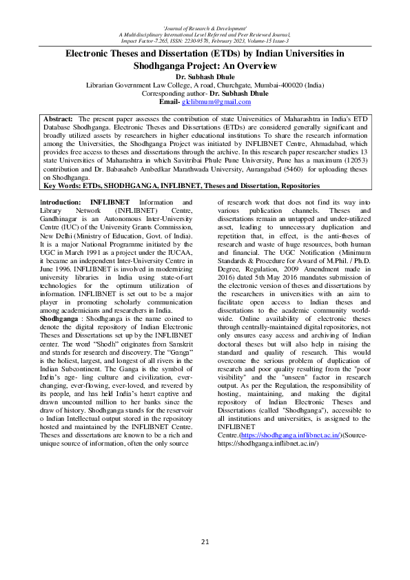 (PDF) Electronic Theses and Dissertation (ETDs) by Indian Universities in Shodhganga Project: An ...