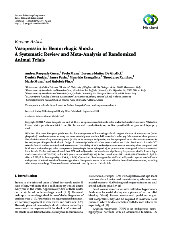 (PDF) Vasopressin Improves Survival in Hemorrhagic Shock: A Meta-Analysis