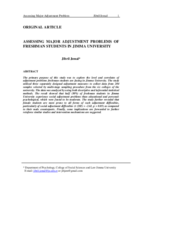 (PDF) Assessing Major Adjustment Problems of Freshman Students in Jimma ...