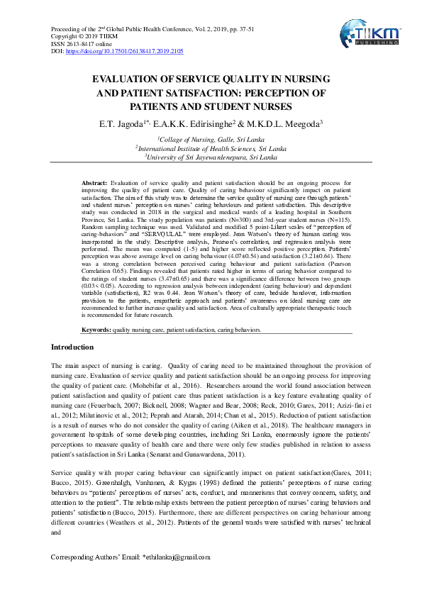 (PDF) Evaluation of service quality in nursing and patient satisfaction: perception of patients ...