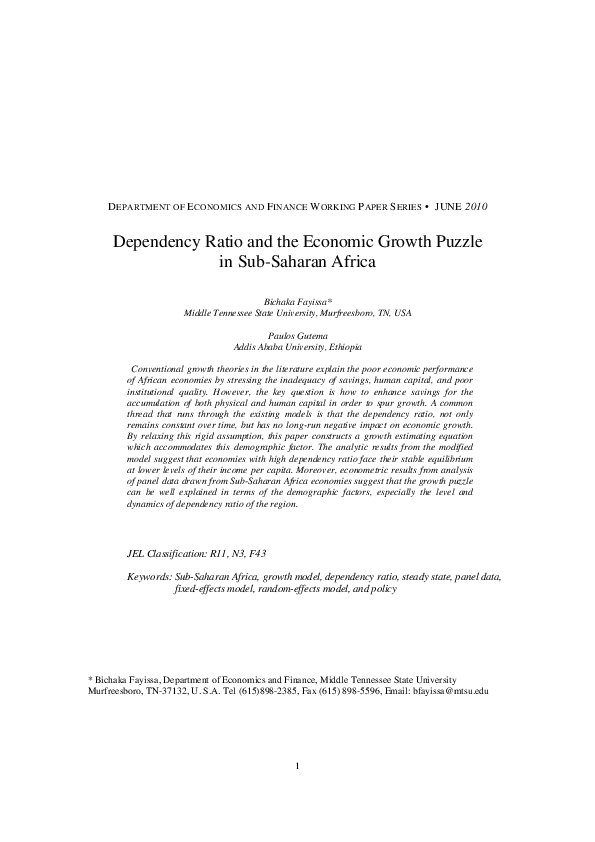 (PDF) Dependency Ratio and the Economic Growth Puzzle in Sub-Saharan Africa