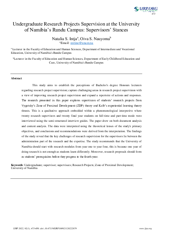 (PDF) Undergraduate Research Projects Supervision at the University of ...