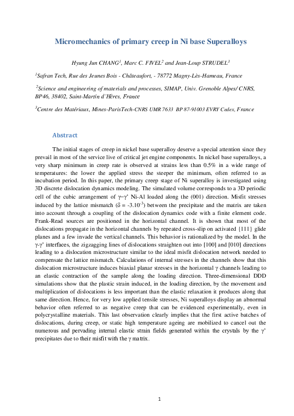 (PDF) Micromechanics of primary creep in Ni base superalloys