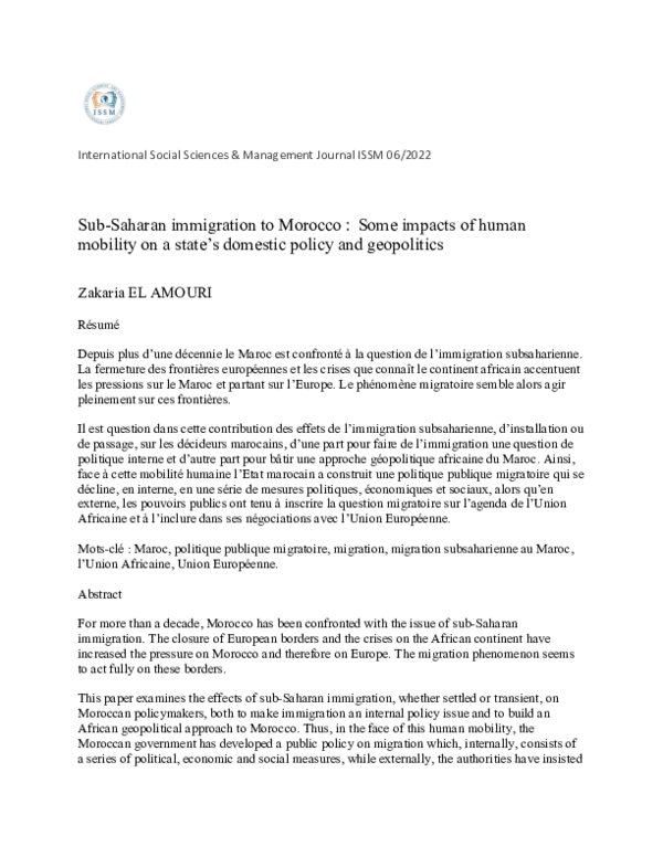 (PDF) Sub-Saharan immigration to Morocco : Some impacts of human ...