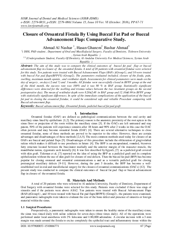 (PDF) Closure of Oroantral Fistula By Using Buccal Fat Pad or Buccal ...