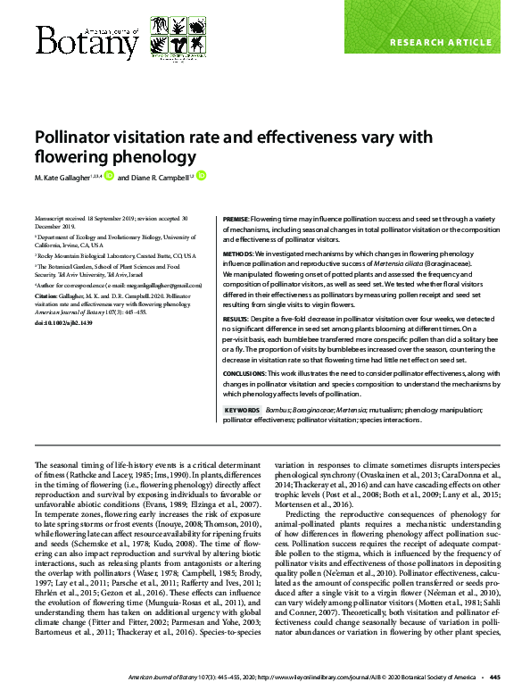 (PDF) Pollinator visitation rate and effectiveness vary with flowering ...