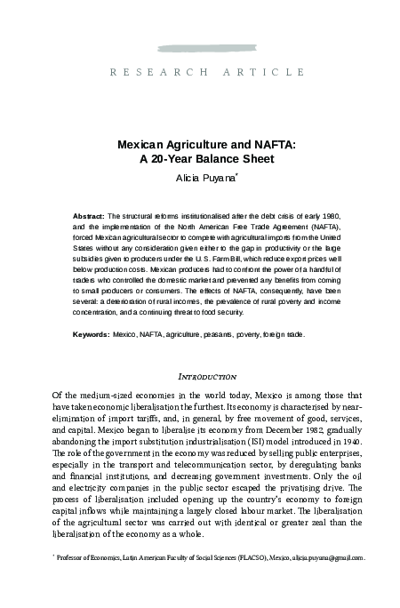 (PDF) Mexican Agriculture and NAFTA: A 20-Year Balance Sheet