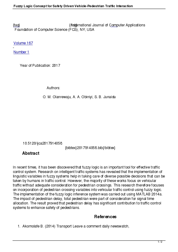 (PDF) Fuzzy Logic Concept for Safety Driven Vehicle-Pedestrian Traffic Interaction