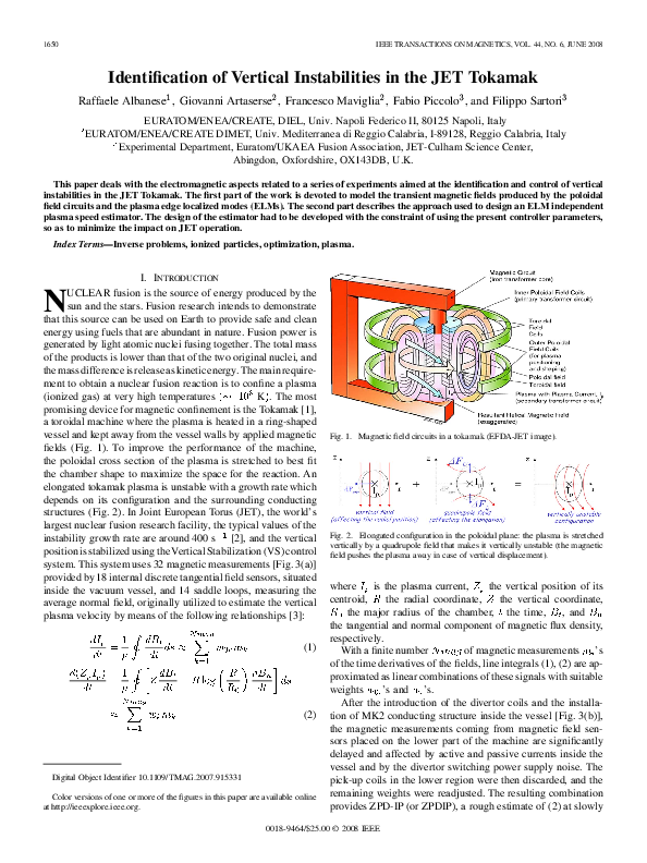 (PDF) Identification of Vertical Instabilities in the JET Tokamak ...
