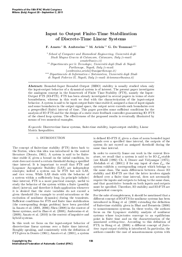 (PDF) Input to output finite-time stabilization of discrete-time linear systems