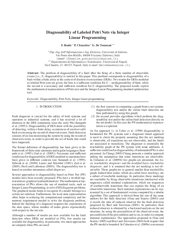(PDF) Diagnosability of Labeled Petri Nets via Integer Linear Programming
