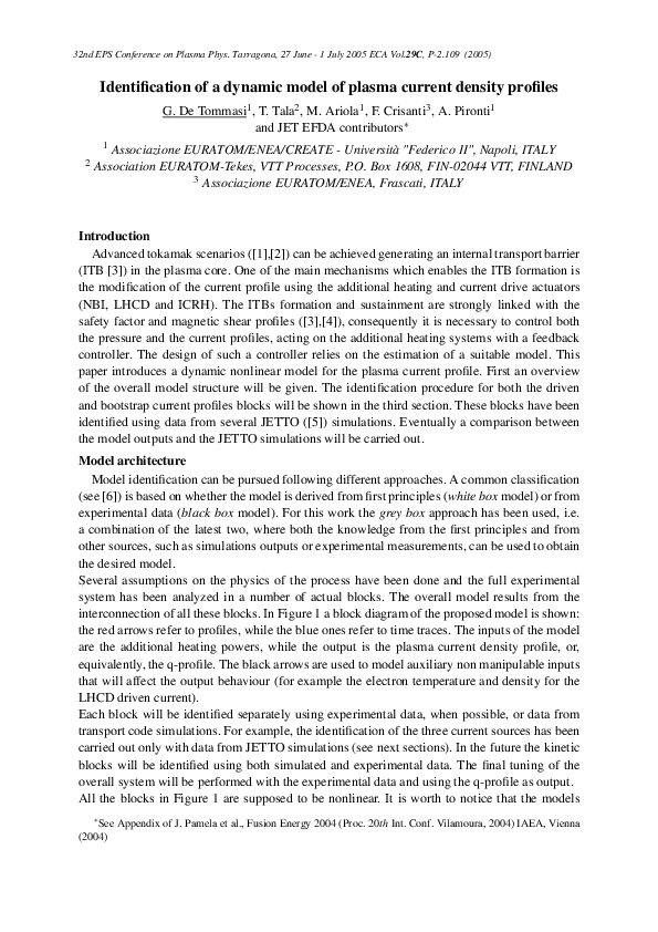 (PDF) Identification of a dynamic model of plasma current density profiles | filippo sartori ...