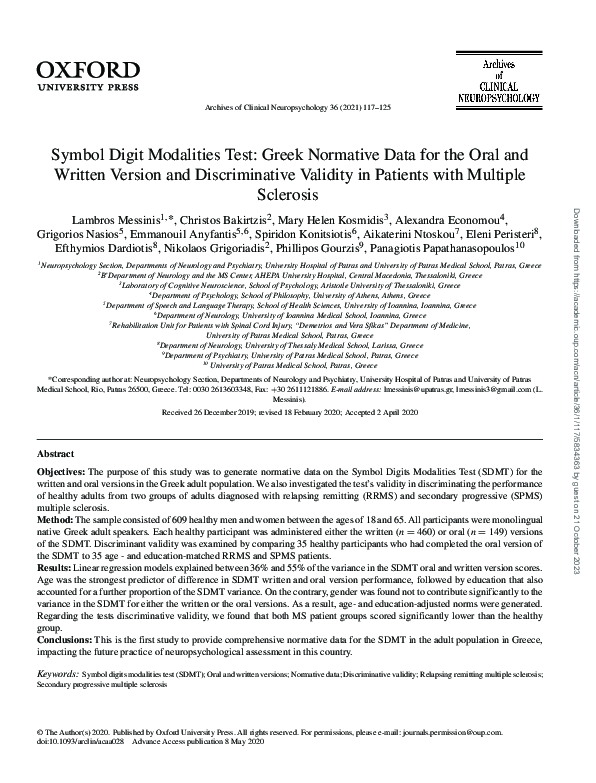 (PDF) Symbol Digit Modalities Test: Greek Normative Data for the Oral ...