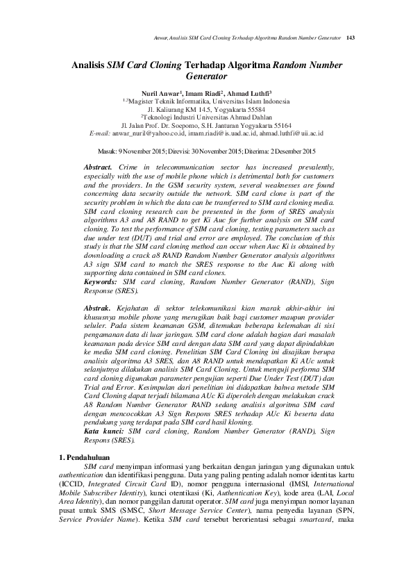 (PDF) Analisis SIM Card Cloning Terhadap Algoritma Random Number Generator