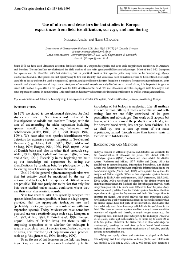 (PDF) Use of ultrasound detectors for bat studies in Europe ...