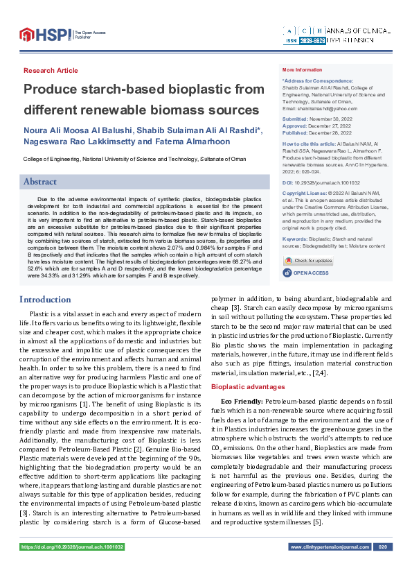 (PDF) Produce starch-based bioplastic from diff erent renewable biomass ...
