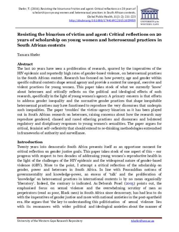 (PDF) Resisting the binarism of victim and agent: Critical reflections ...