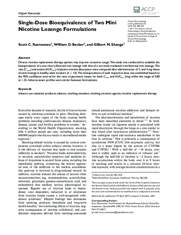 (PDF) Single-Dose Bioequivalence of Two Mini Nicotine Lozenge Formulations