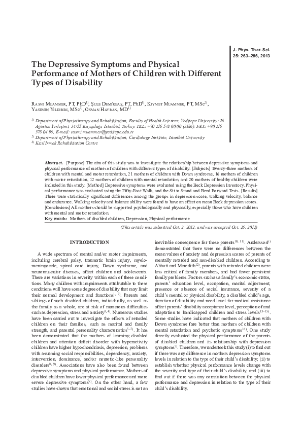 (PDF) The Depressive Symptoms and Physical Performance of Mothers of Children with Different ...