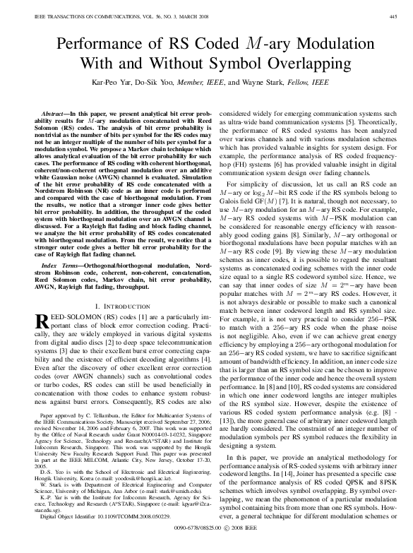 Pdf Rs Coded M Ary Modulation Performance Analysis And Techniques