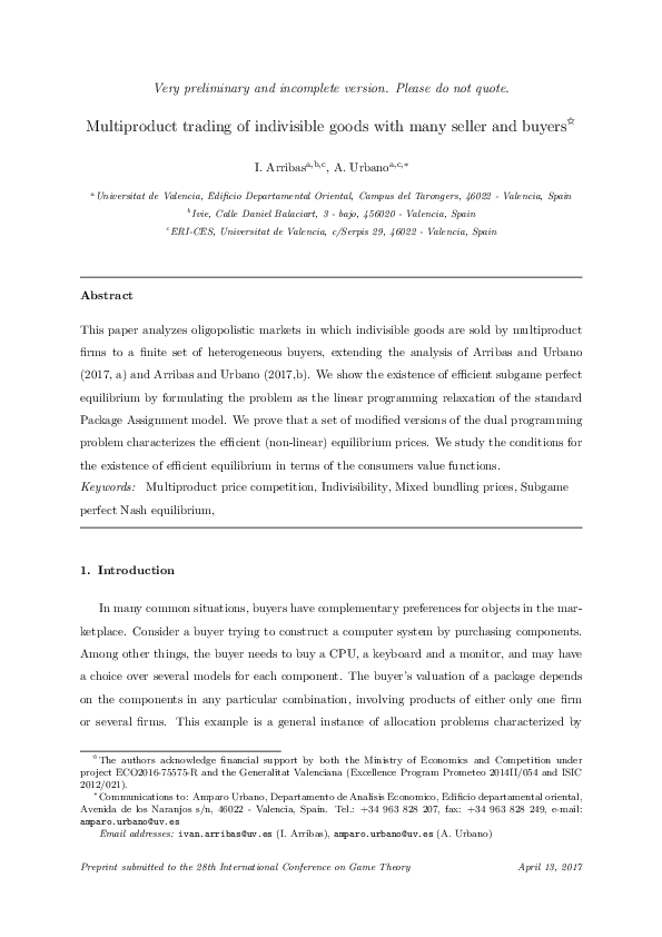 (PDF) Multiproduct trading of indivisible goods with many seller and buyers