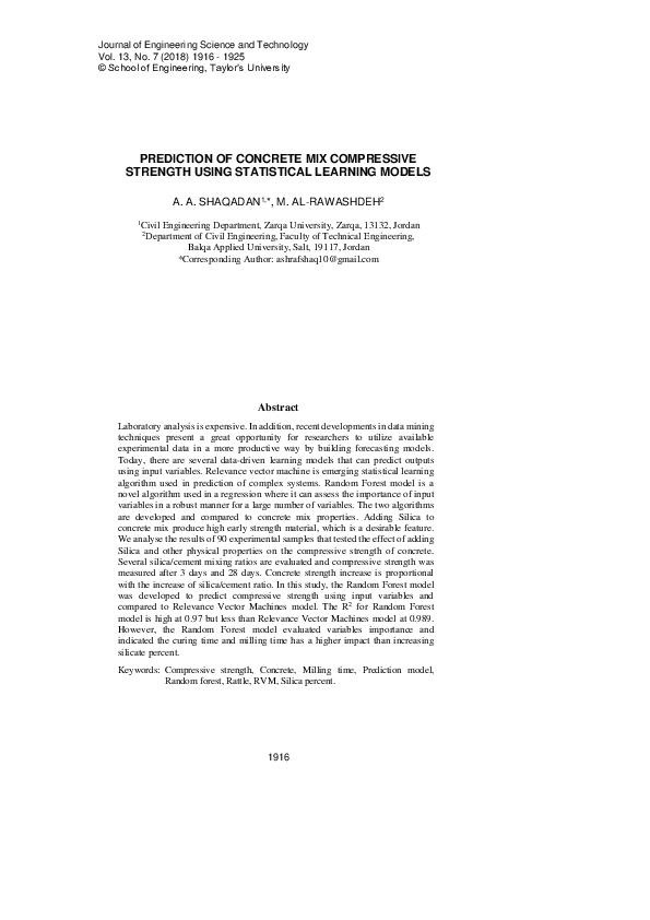 (PDF) Prediction of Concrete MIX Compressive Strength Using Statistical Learning Models