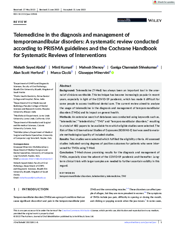 (PDF) Telemedicine in the diagnosis and management of temporomandibular ...
