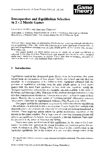 (PDF) Introspection and equilibrium selection in 2 2 matrix games | amparo urbano - Academia.edu