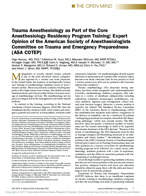 (PDF) Trauma Anesthesiology as Part of the Core Anesthesiology ...