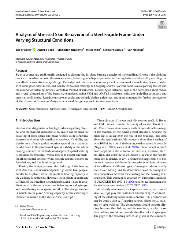 (PDF) Analysis of Stressed Skin Behaviour of a Steel Façade Frame Under ...