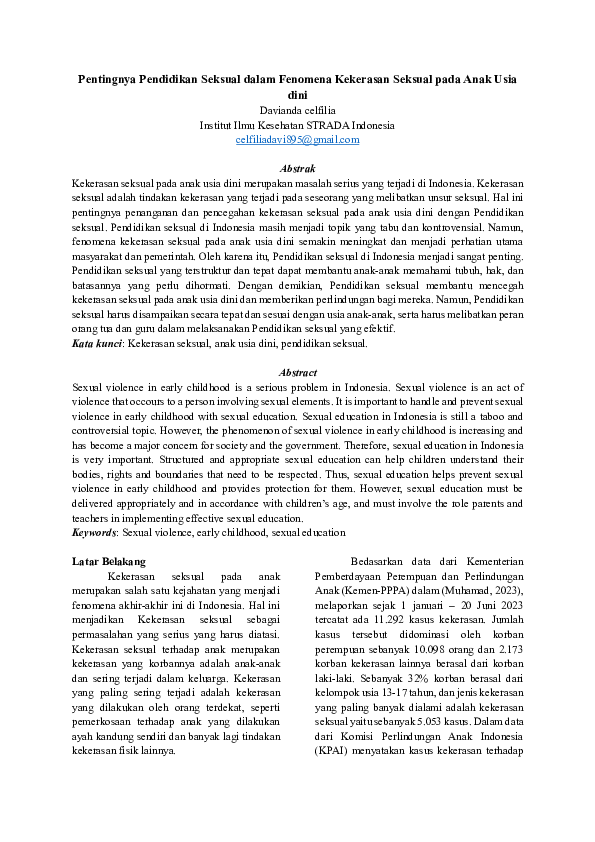 (PDF) Pentingnya Pendidikan Seksual dalam Fenomena Kekerasan Seksual pada Anak Usia dini