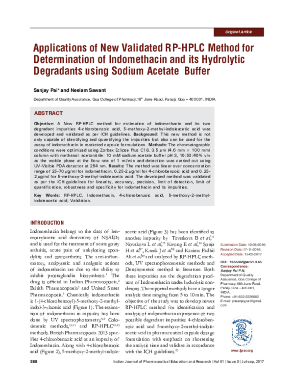 (PDF) Applications of New Validated RP-HPLC Method for Determination of Indomethacin and its ...