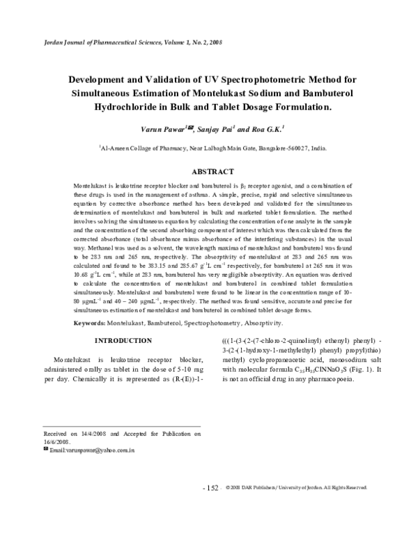 Pdf Development And Validation Of Uv Spectrophotometric Method For Simultaneous Estimation Of