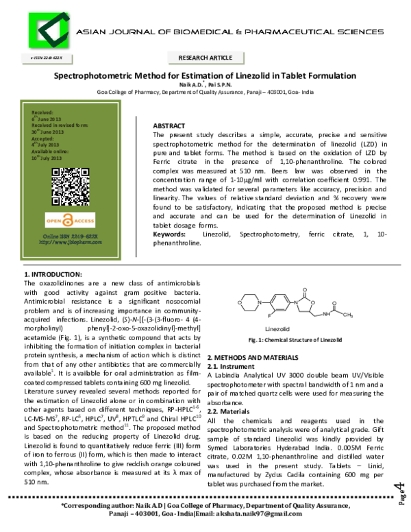 Pdf Spectrophotometric Method For Estimation Of Linezolid In Tablet Formulation