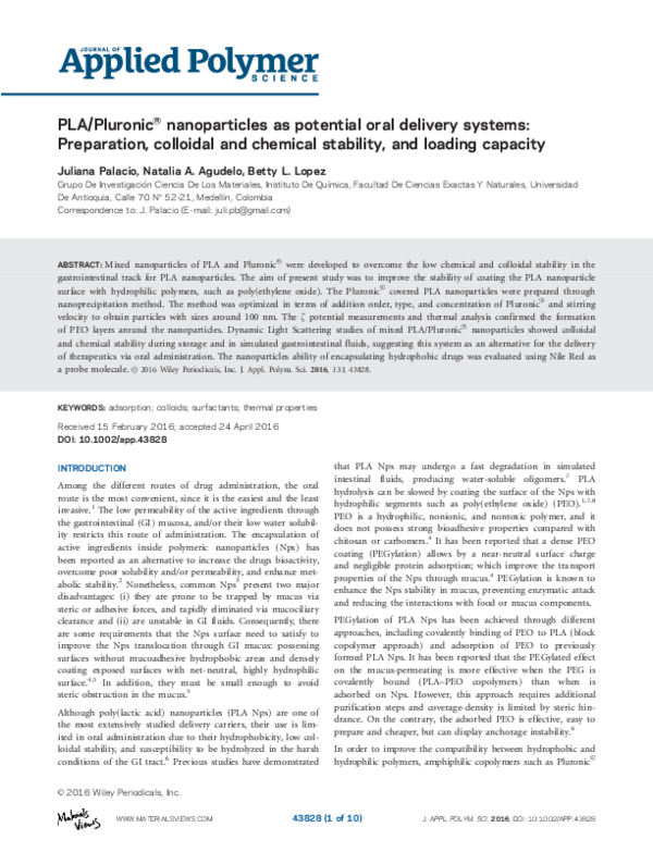 (PDF) PLA/Pluronic®nanoparticles as potential oral delivery systems ...