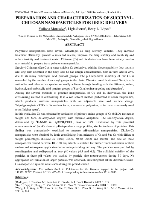 (PDF) Preparation and Characterization of Succinyl-Chitosan Nanoparticles for Drug Delivery