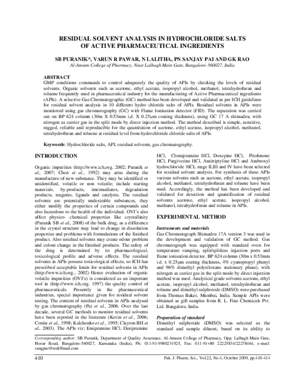 (PDF) Residual solvent analysis in hydrochloride salts of active ...
