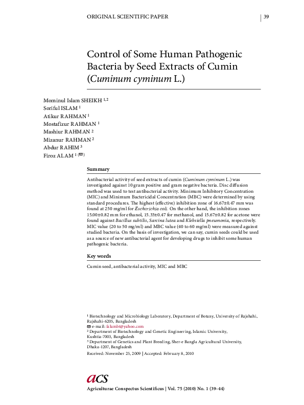 (PDF) Control of Some Human Pathogenic Bacteria by Seed Extracts of Cumin (Cuminum Cyminum L ...