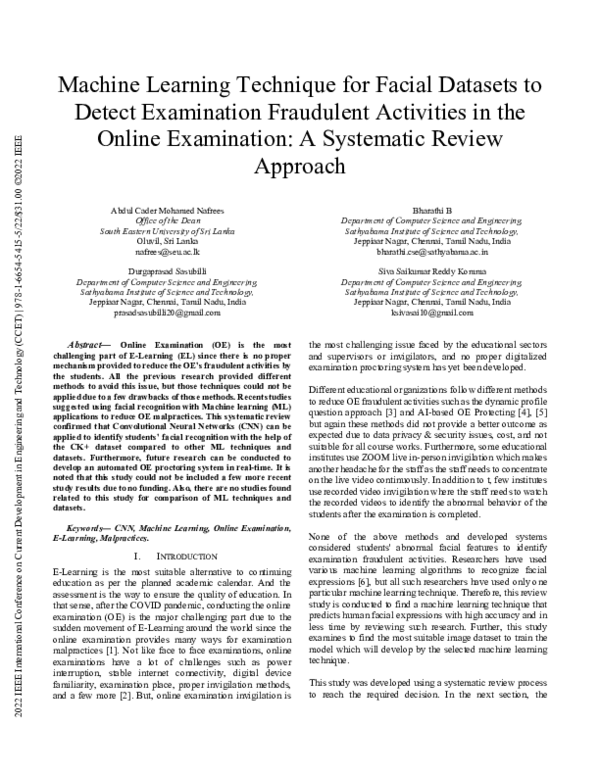 (PDF) Machine Learning Technique for Facial Datasets to Detect Examination Fraudulent Activities ...