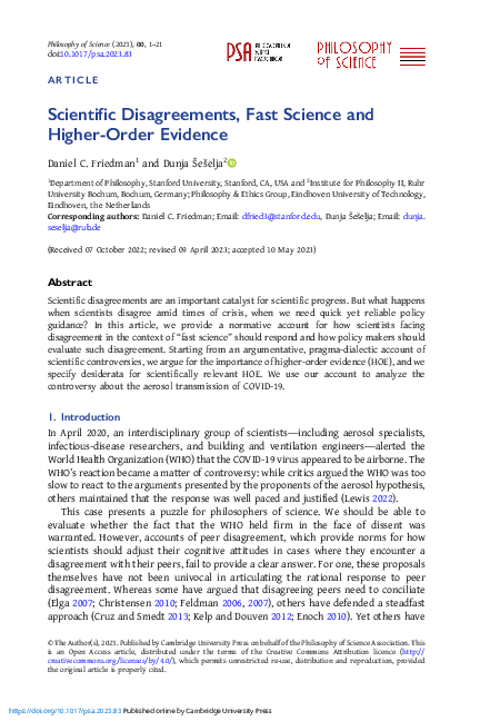 (PDF) Scientific Disagreements, Fast Science and Higher-Order Evidence