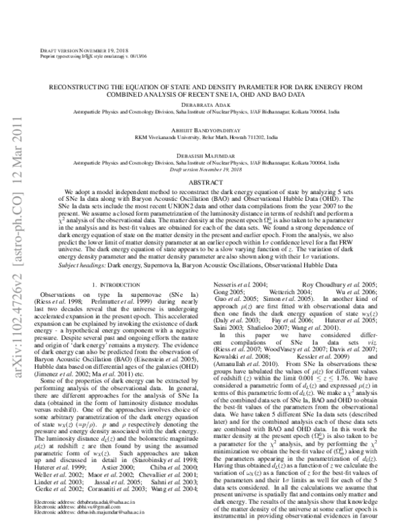 (PDF) Reconstructing the equation of state and density parameter for dark energy from combined ...