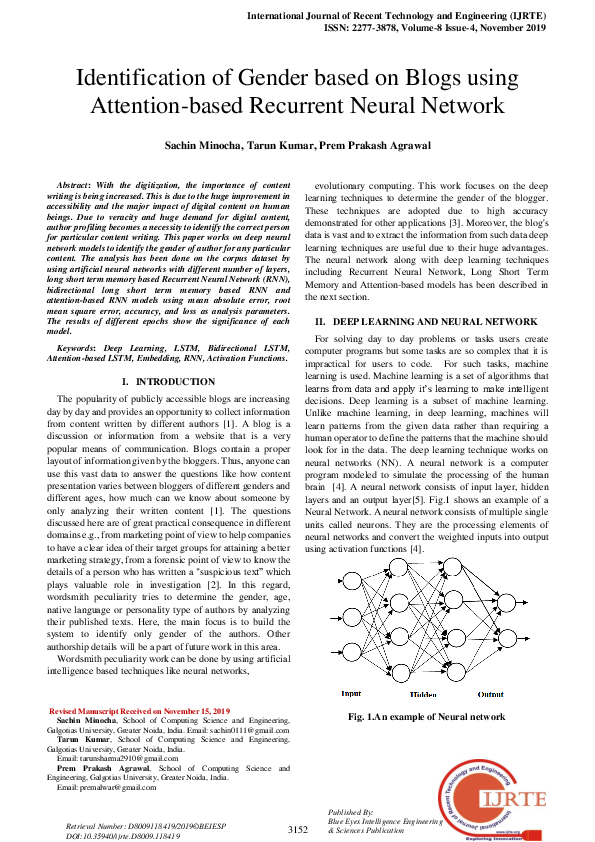 Pdf Identification Of Gender Based On Blogs Using Attention Based Recurrent Neural Network